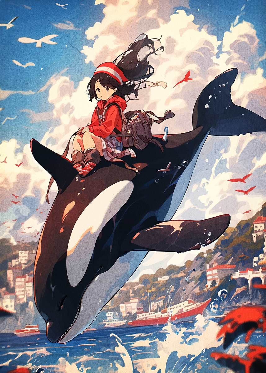 'Girl Riding Orca Whale Adventure' Poster, picture, metal print, paint ...
