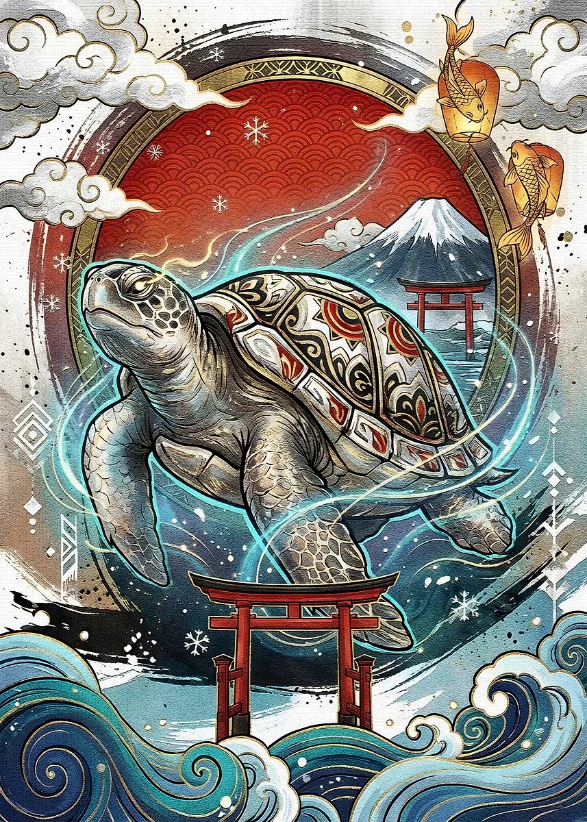 'Japanese Turtle Art with Mount Fuji' Poster, picture, metal print ...