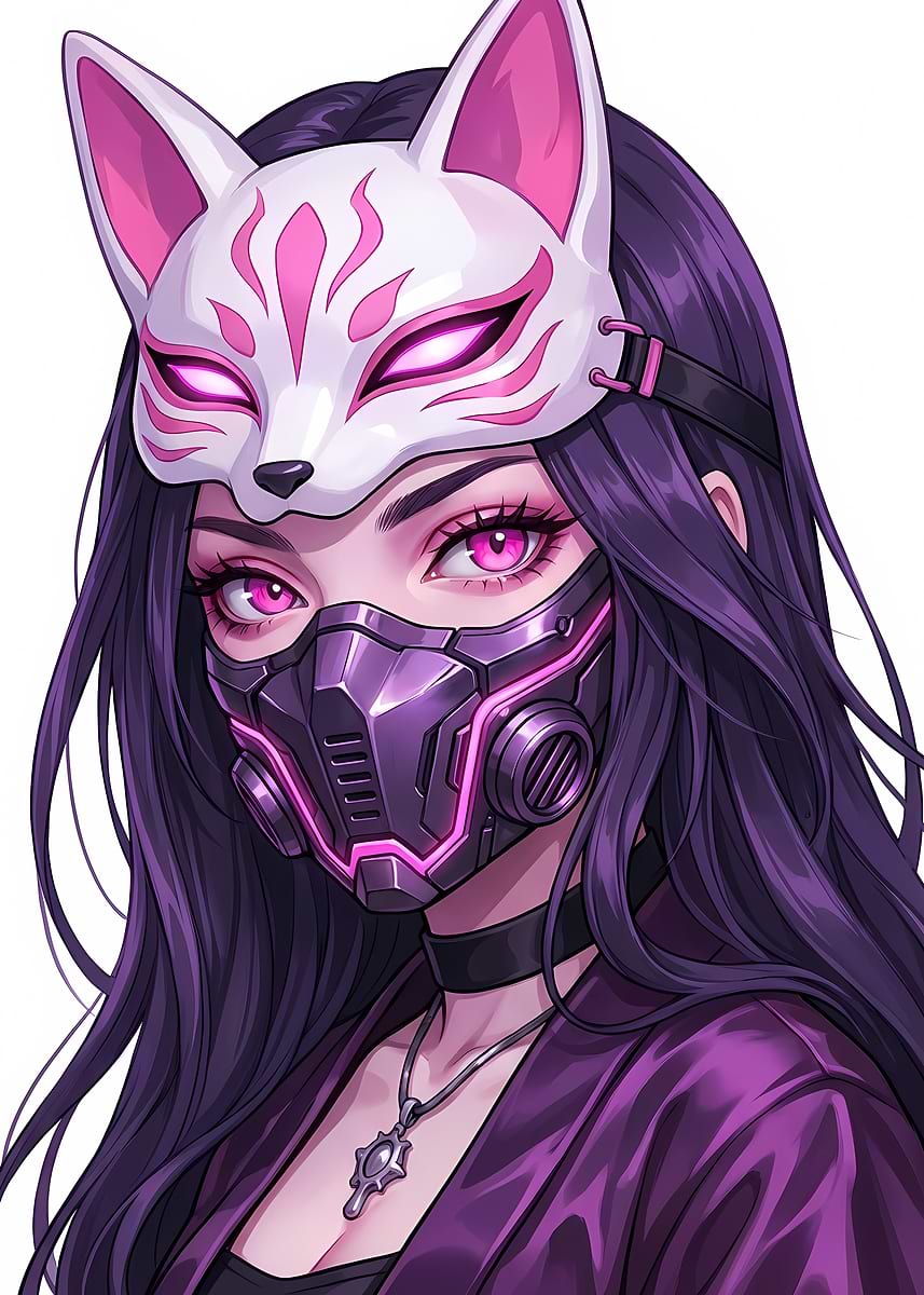 'Cyberpunk Girl with Fox Mask' Poster, picture, metal print, paint by ...