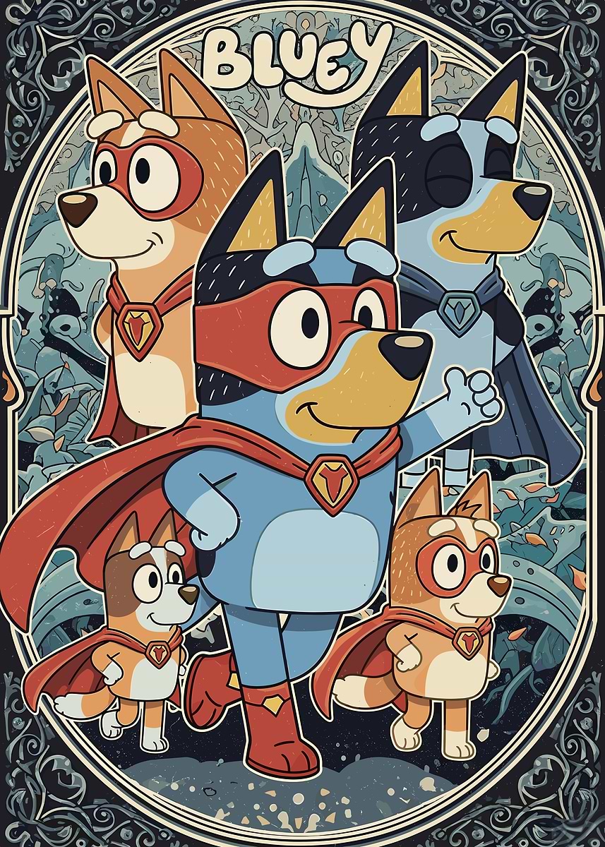 'Bluey Superhero Cartoon Art' Poster, picture, metal print, paint by ...