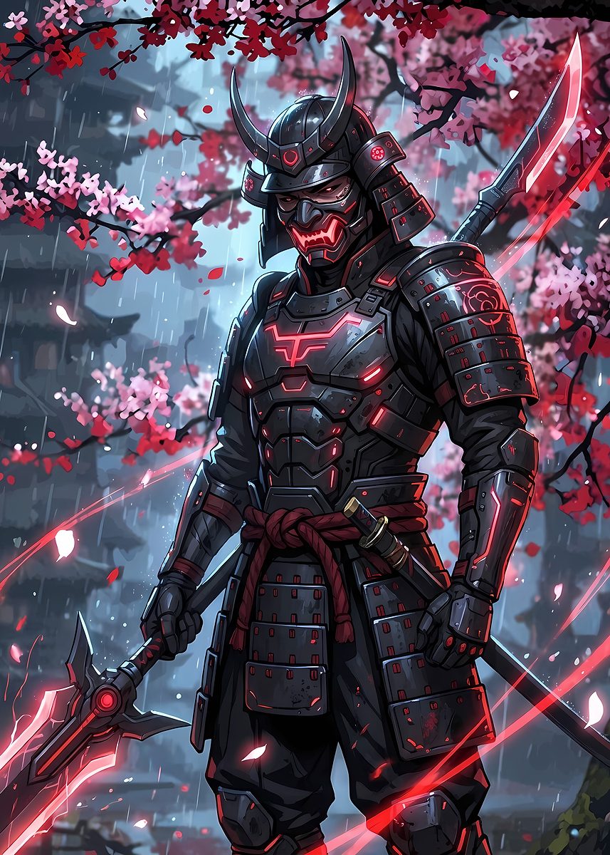 'Cyberpunk Samurai in Cherry Blossom Rain' Poster, picture, metal print ...