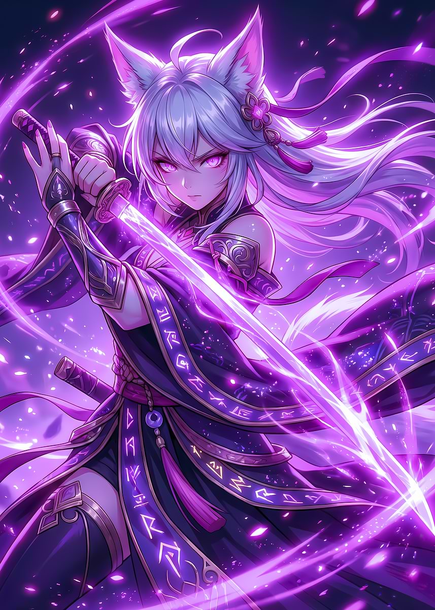 'Anime Fox Girl with Glowing Sword' Poster, picture, metal print, paint ...