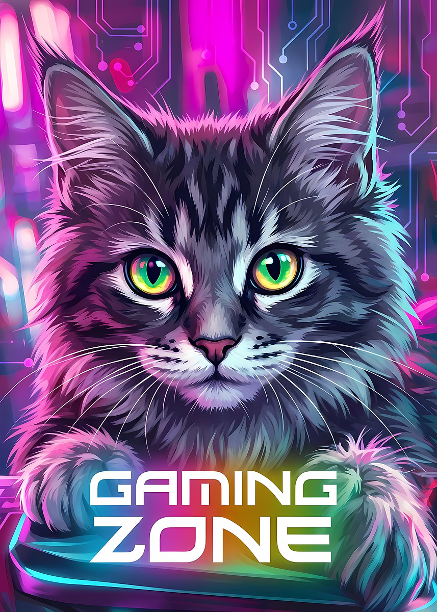 'Cyberpunk Cat Gaming Zone' Poster, picture, metal print, paint by ...