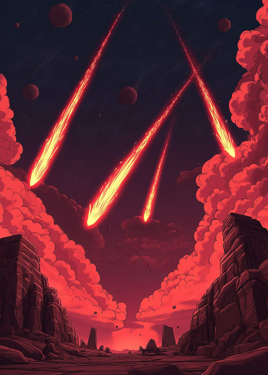 'Red Meteors Over Rocky Landscape' Poster, picture, metal print, paint ...