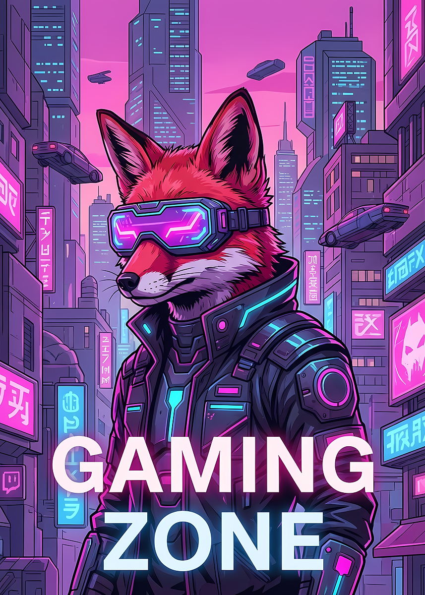 'Cyberpunk Fox Gaming Zone' Poster, picture, metal print, paint by ...