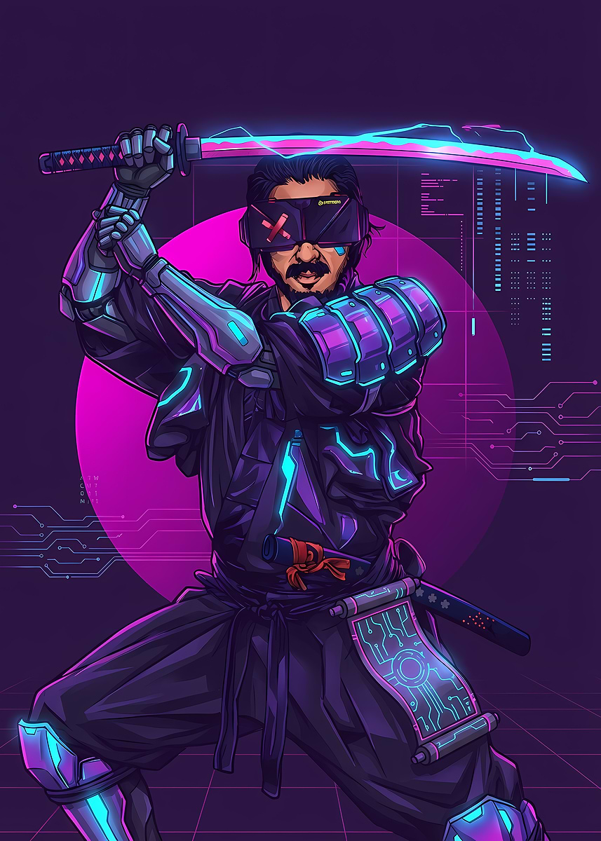 'Cyberpunk Ninja with Neon Katana' Poster, picture, metal print, paint ...
