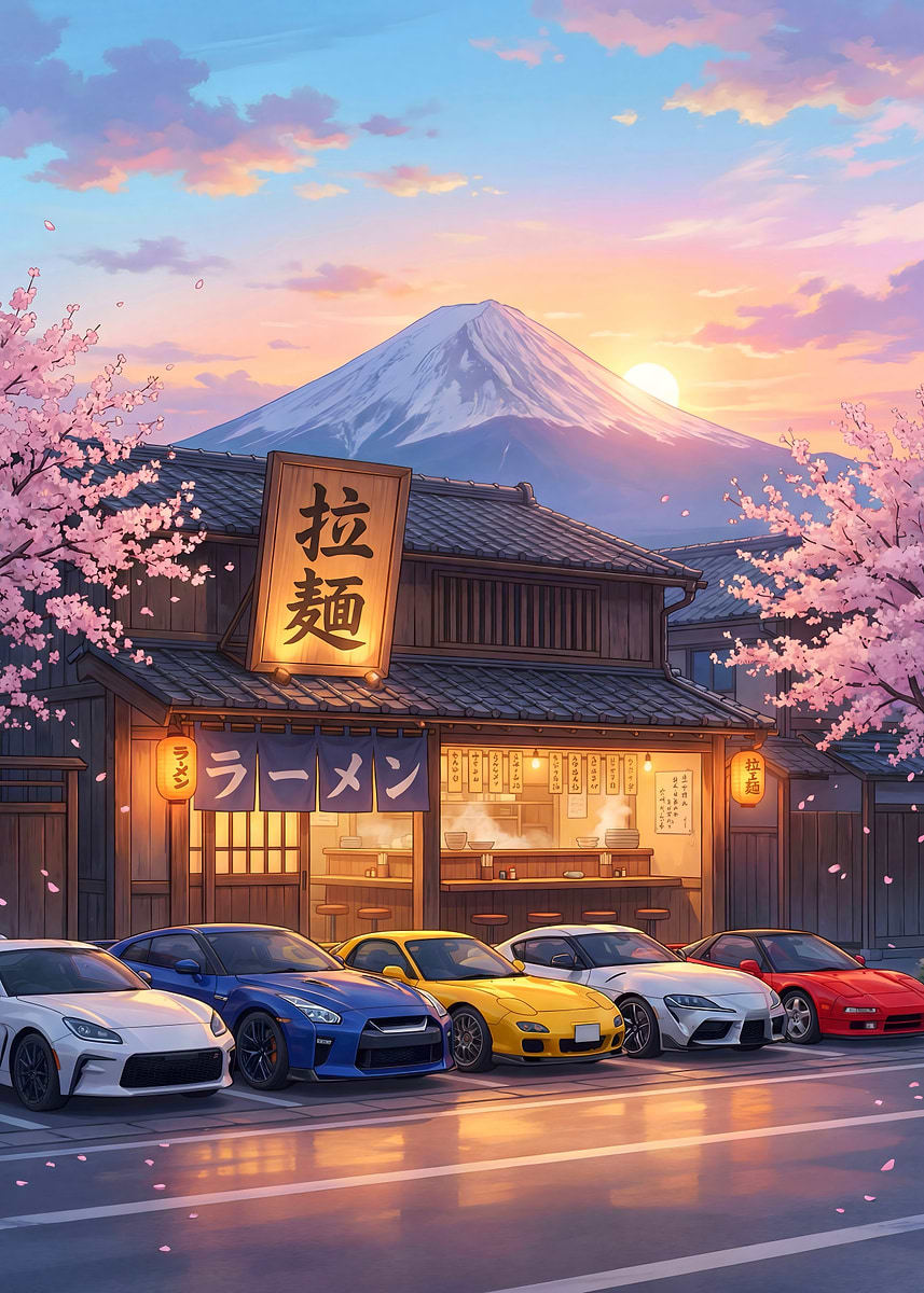'Anime Ramen Shop with JDM Sports Cars' Poster, picture, metal print ...