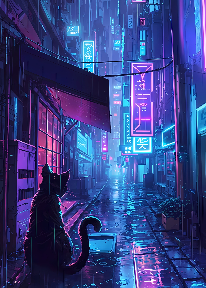 'Cyberpunk Alley Cat in the Rain' Poster, picture, metal print, paint ...