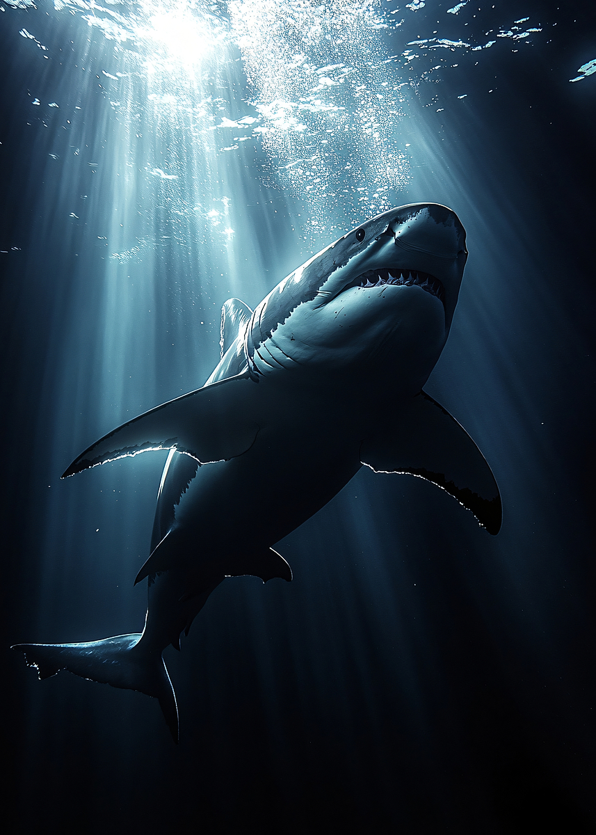 'Great White Shark Underwater Sunlight' Poster, picture, metal print ...