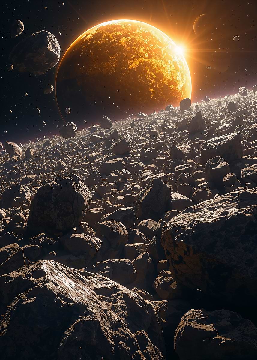 'Asteroid Field with Planet in Background' Poster, picture, metal print ...