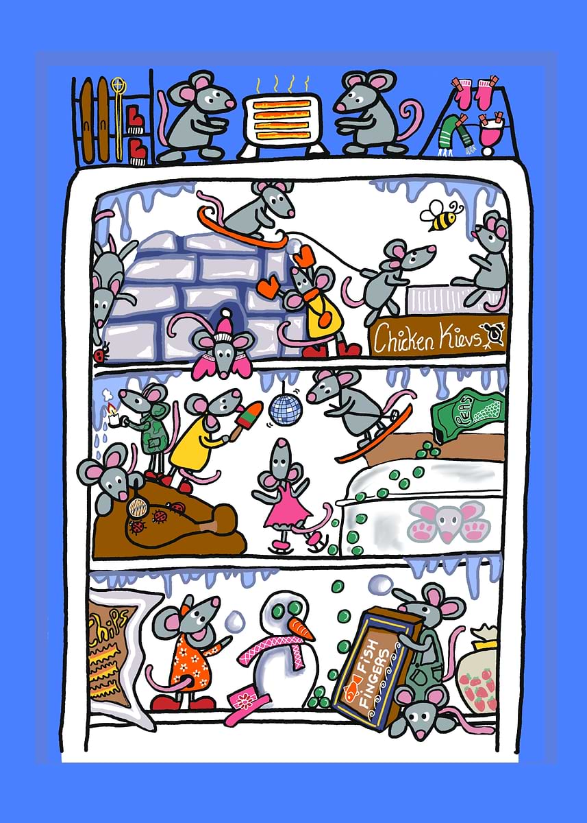 'Mice in Fridge Cartoon Illustration' Poster, picture, metal print ...