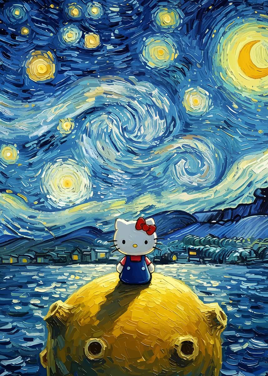 'Hello Kitty Starry Night Painting' Poster, picture, metal print, paint ...