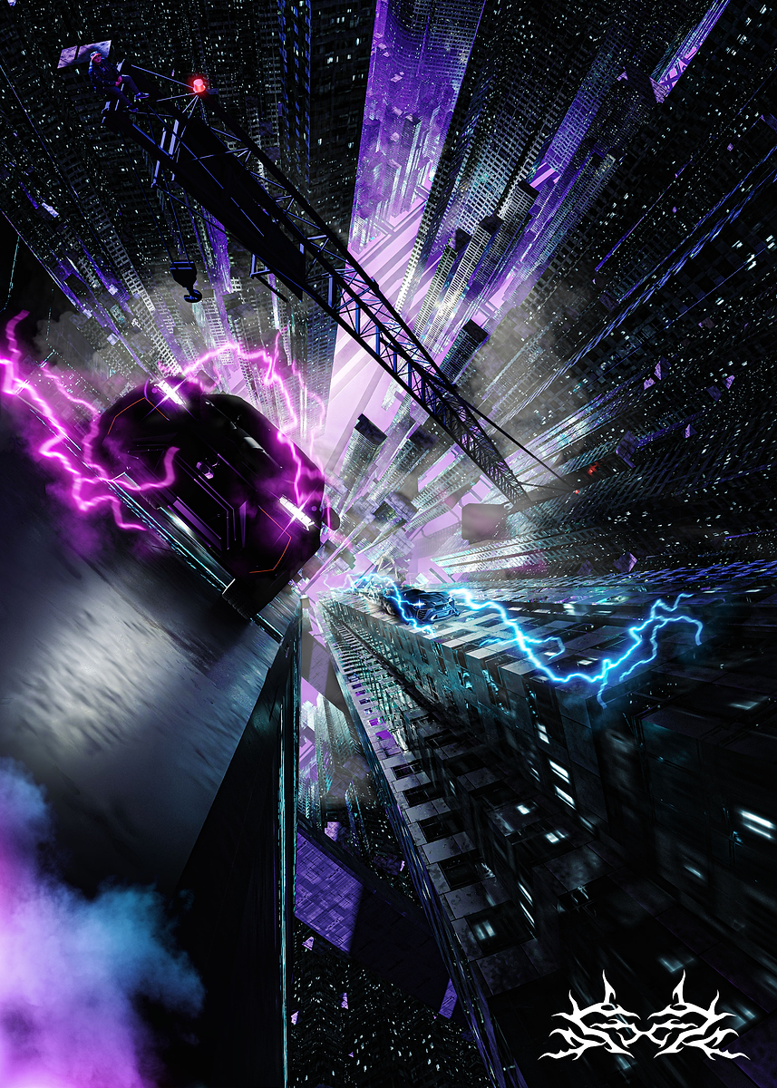 'Cyberpunk Cityscape with Lightning Effects' Poster, picture, metal ...
