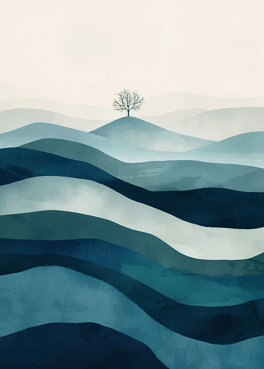 'Blue Hills and Solitary Tree' Poster, picture, metal print, paint by ...