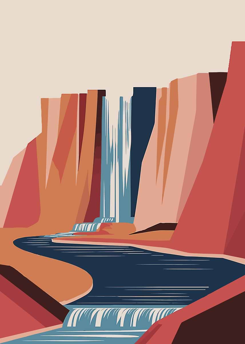'Minimalist Waterfall Landscape Illustration' Poster, picture, metal ...