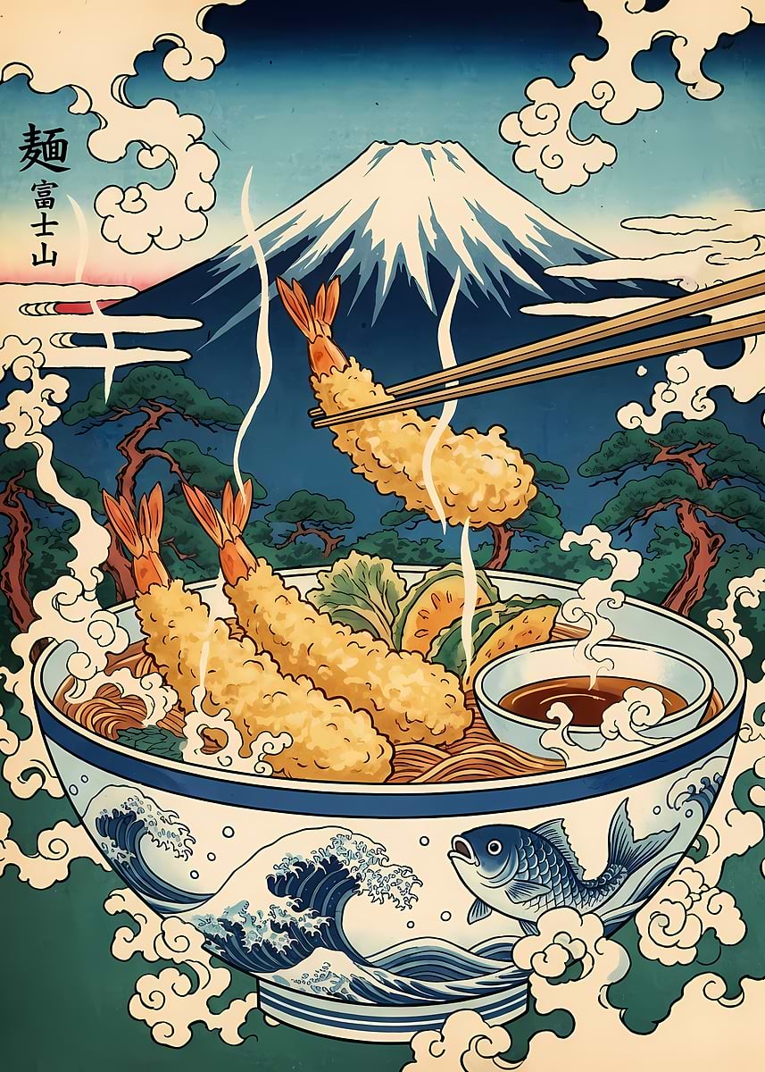 'Ukiyo-e Style Tempura Udon Illustration' Poster, picture, metal print ...