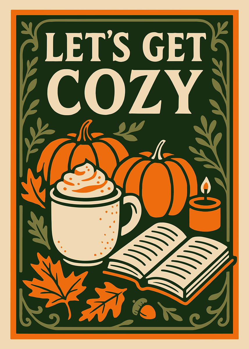 'Let's Get Cozy Fall Illustration' Poster, picture, metal print, paint ...