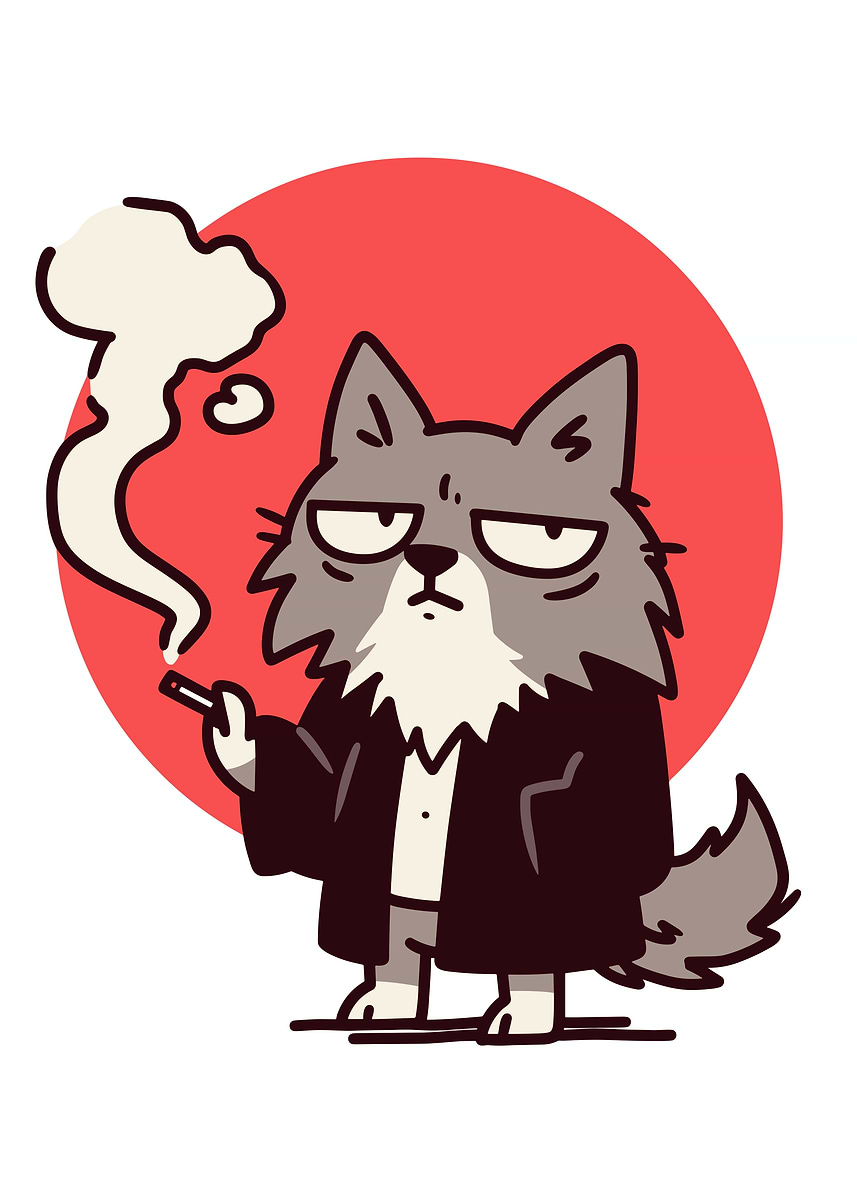 'Cartoon Wolf Smoking with Red Background' Poster, picture, metal print ...