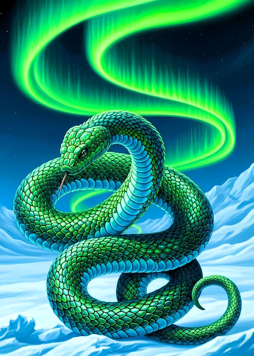 'Green Snake with Aurora Borealis' Poster, picture, metal print, paint ...