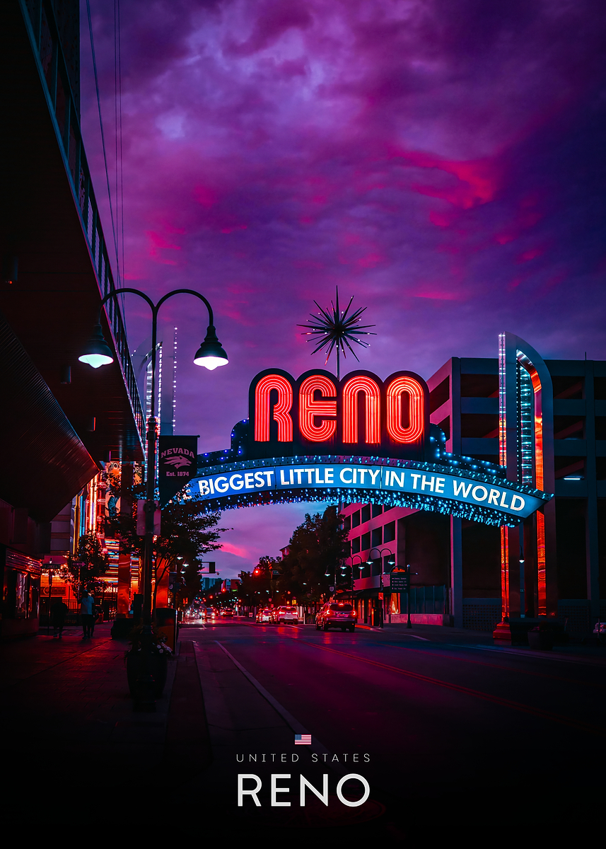 'Reno Nevada Neon Sign at Night' Poster, picture, metal print, paint by ...