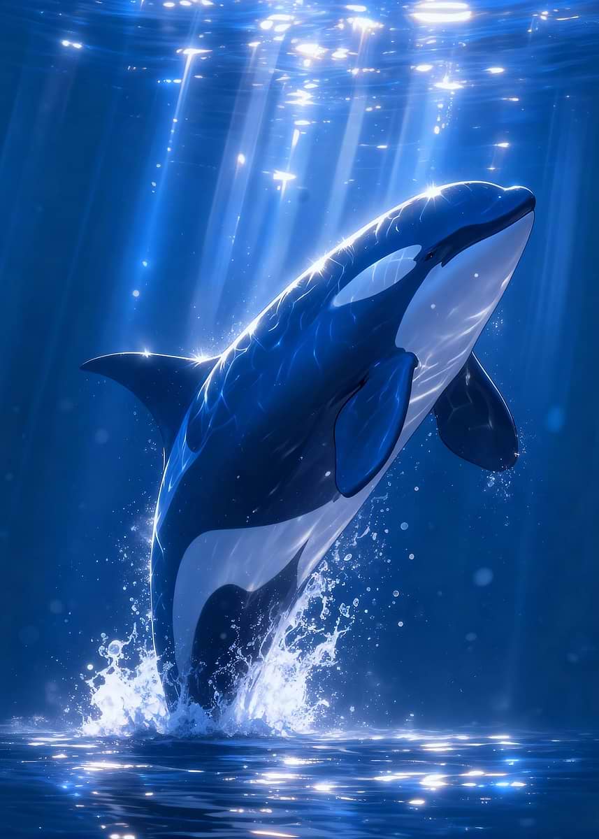 'Orca breaching in blue ocean waters' Poster, picture, metal print ...