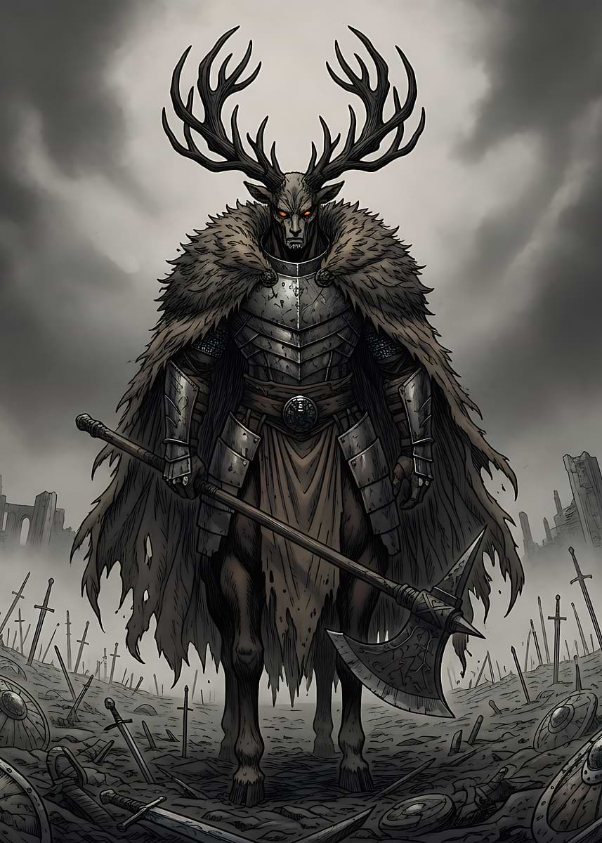 'Antlered Knight in Desolate Battlefield' Poster, picture, metal print ...