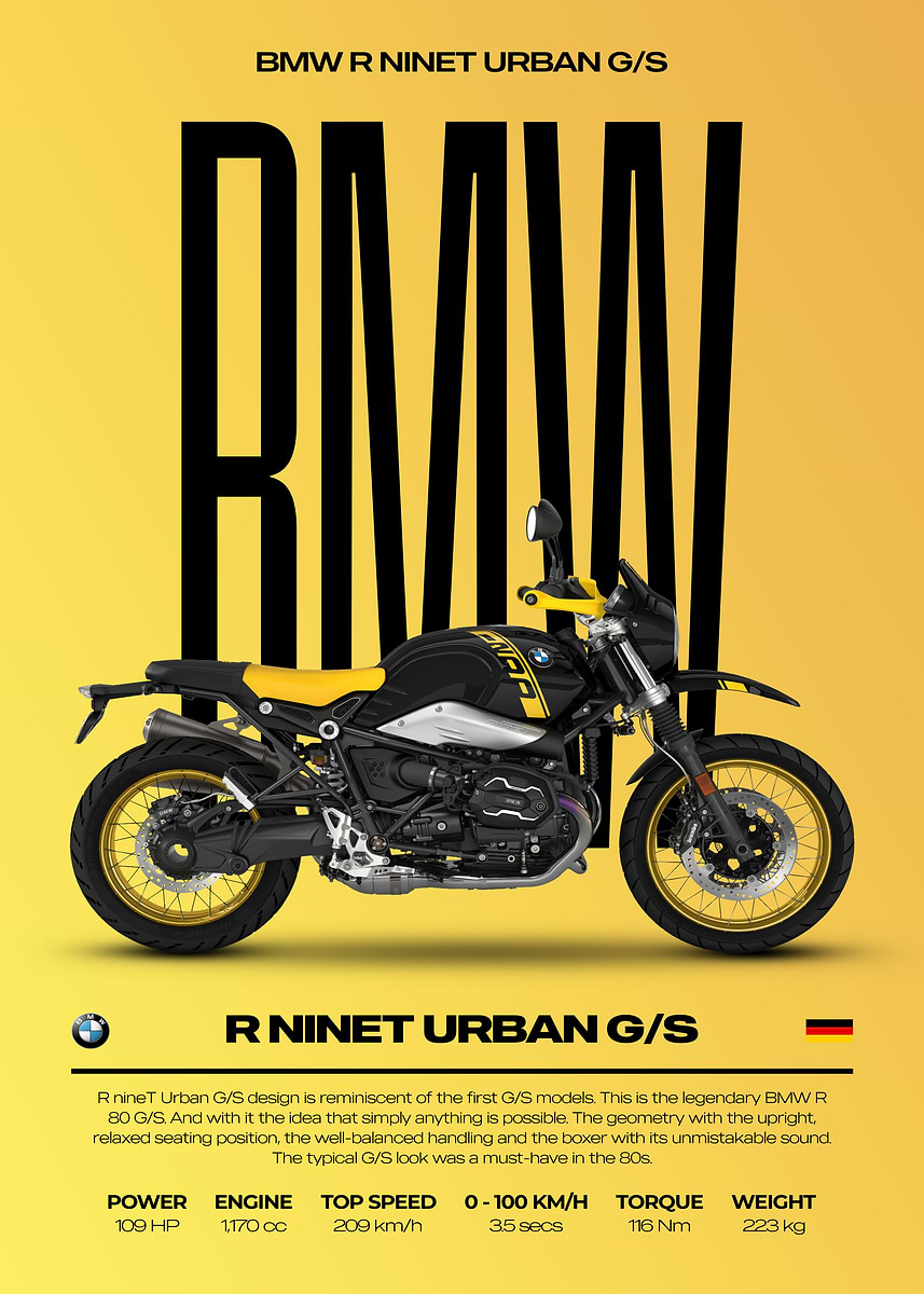 'BMW R NineT Urban G/S Motorcycle Poster' Poster, picture, metal print ...