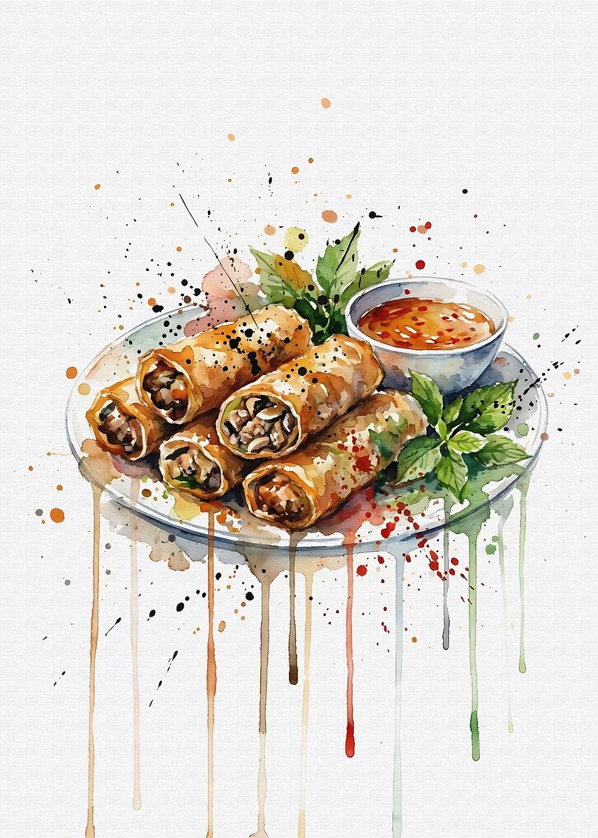 'Watercolor Spring Rolls with Dipping Sauce' Poster, picture, metal ...
