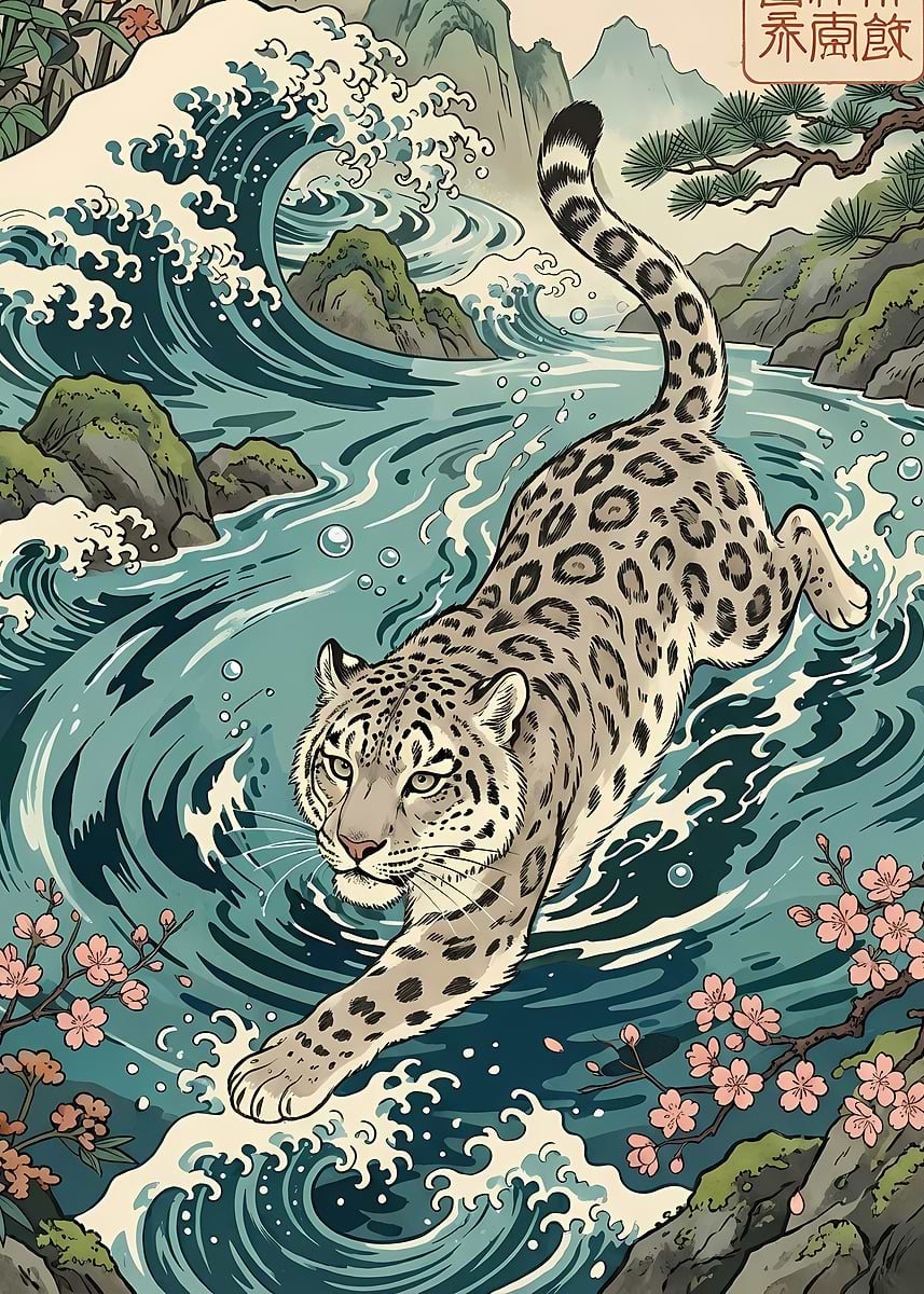 'Snow Leopard in River Illustration' Poster, picture, metal print ...