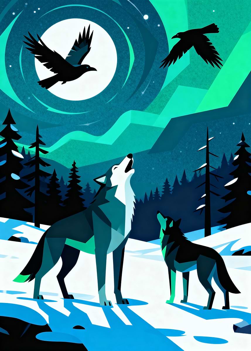 'Wolves Howling at Moon with Ravens' Poster, picture, metal print ...