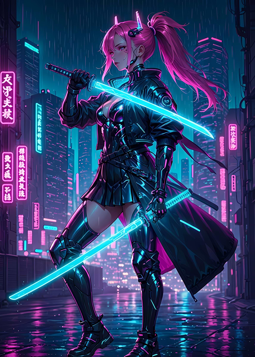 'Cyberpunk Anime Girl with Neon Swords' Poster, picture, metal print ...