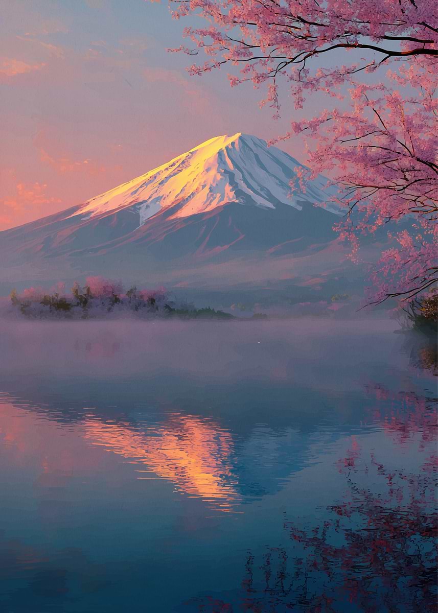 'Mount Fuji and Cherry Blossoms Reflection' Poster, picture, metal ...
