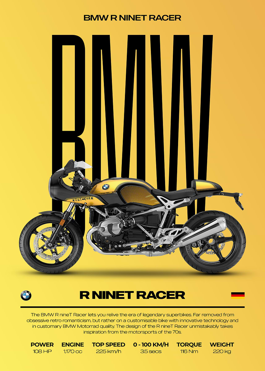 'BMW R NineT Racer Motorcycle Poster' Poster, picture, metal print ...