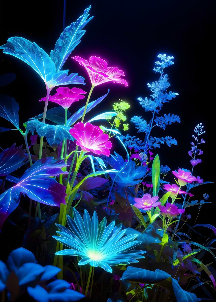 'Neon Flowers on Black Background' Poster, picture, metal print, paint ...