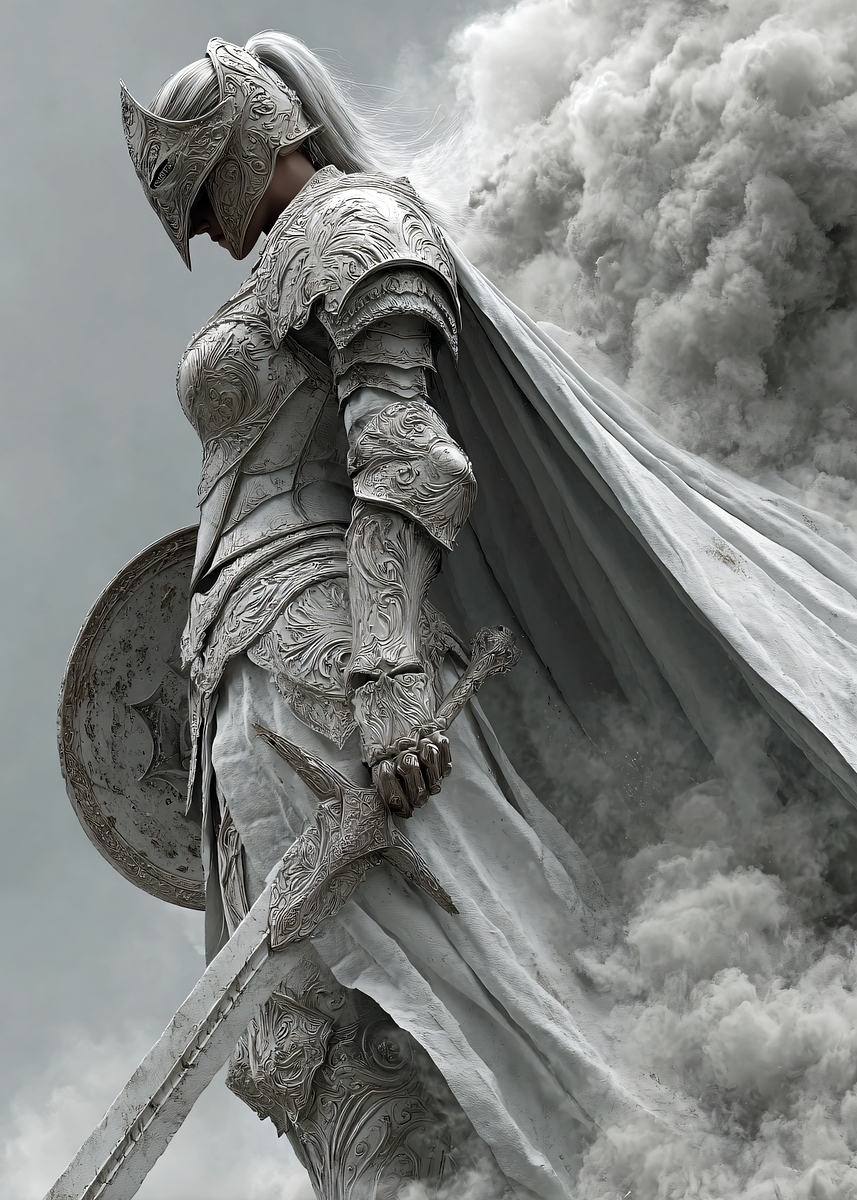 'White Knight in Armor with Sword' Poster, picture, metal print, paint ...