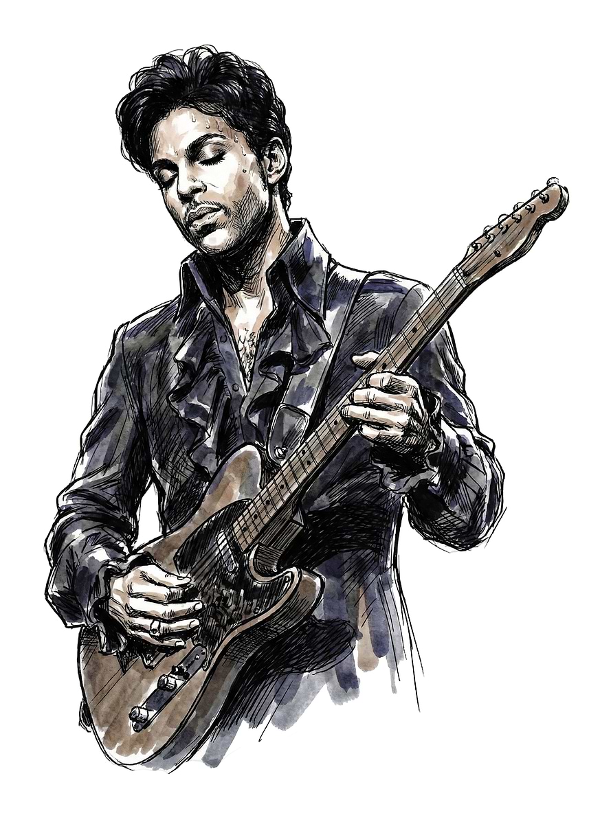 'Prince playing guitar, ink drawing' Poster, picture, metal print ...