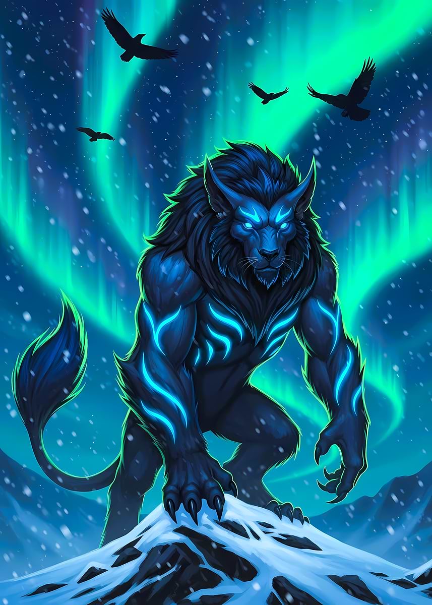 'Lion-Werewolf Under Aurora Borealis' Poster, picture, metal print ...