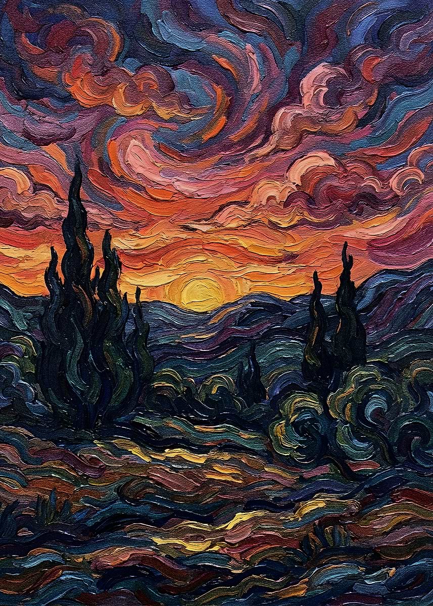'Impressionistic Landscape with Sunset and Trees' Poster, picture ...