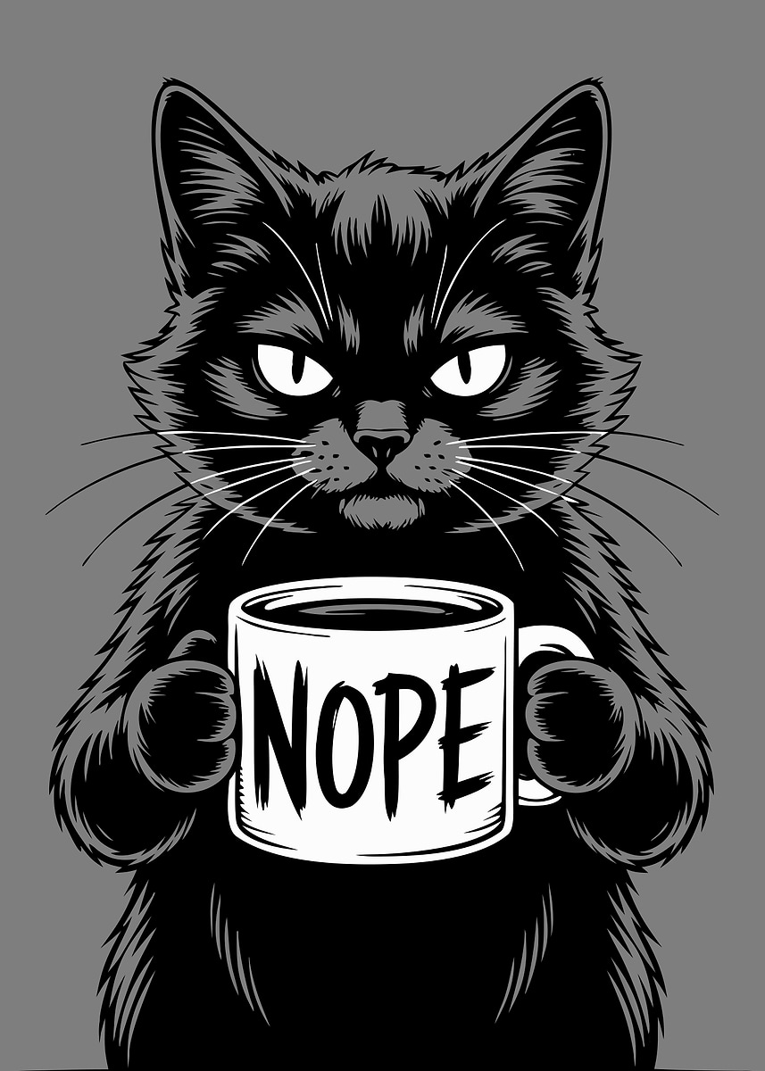 'Angry Cat with Coffee Cup' Poster, picture, metal print, paint by ...