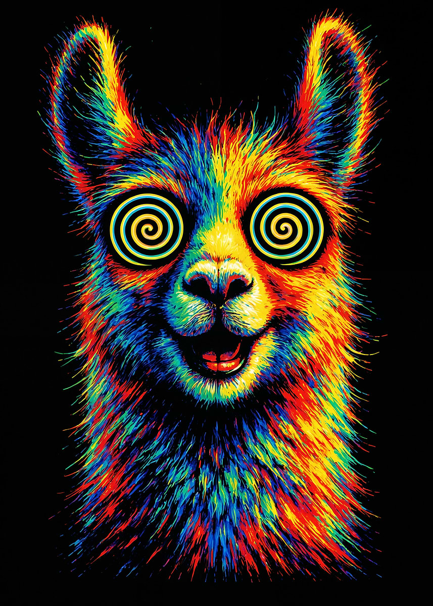 'Psychedelic Llama Portrait on Black Background' Poster, picture, metal ...
