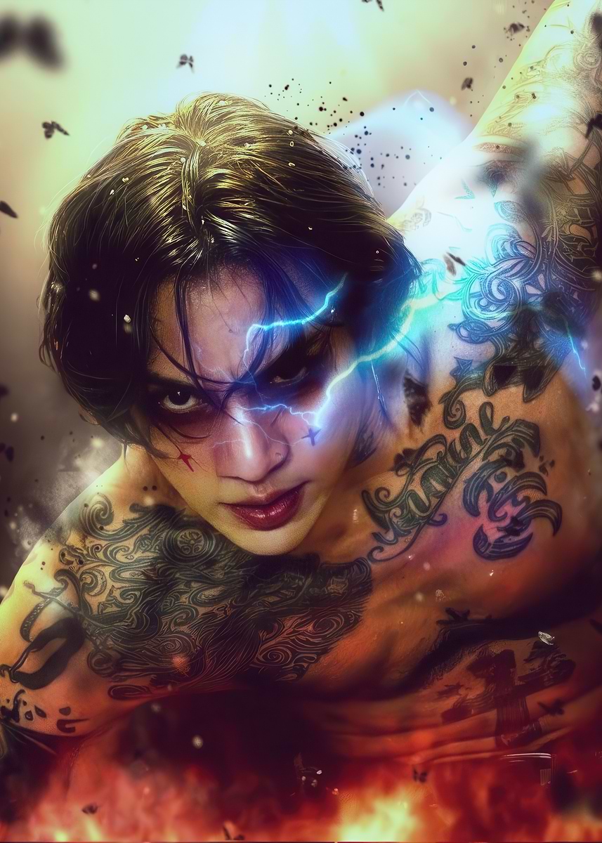 'Tattooed Man with Lightning Power' Poster, picture, metal print, paint ...