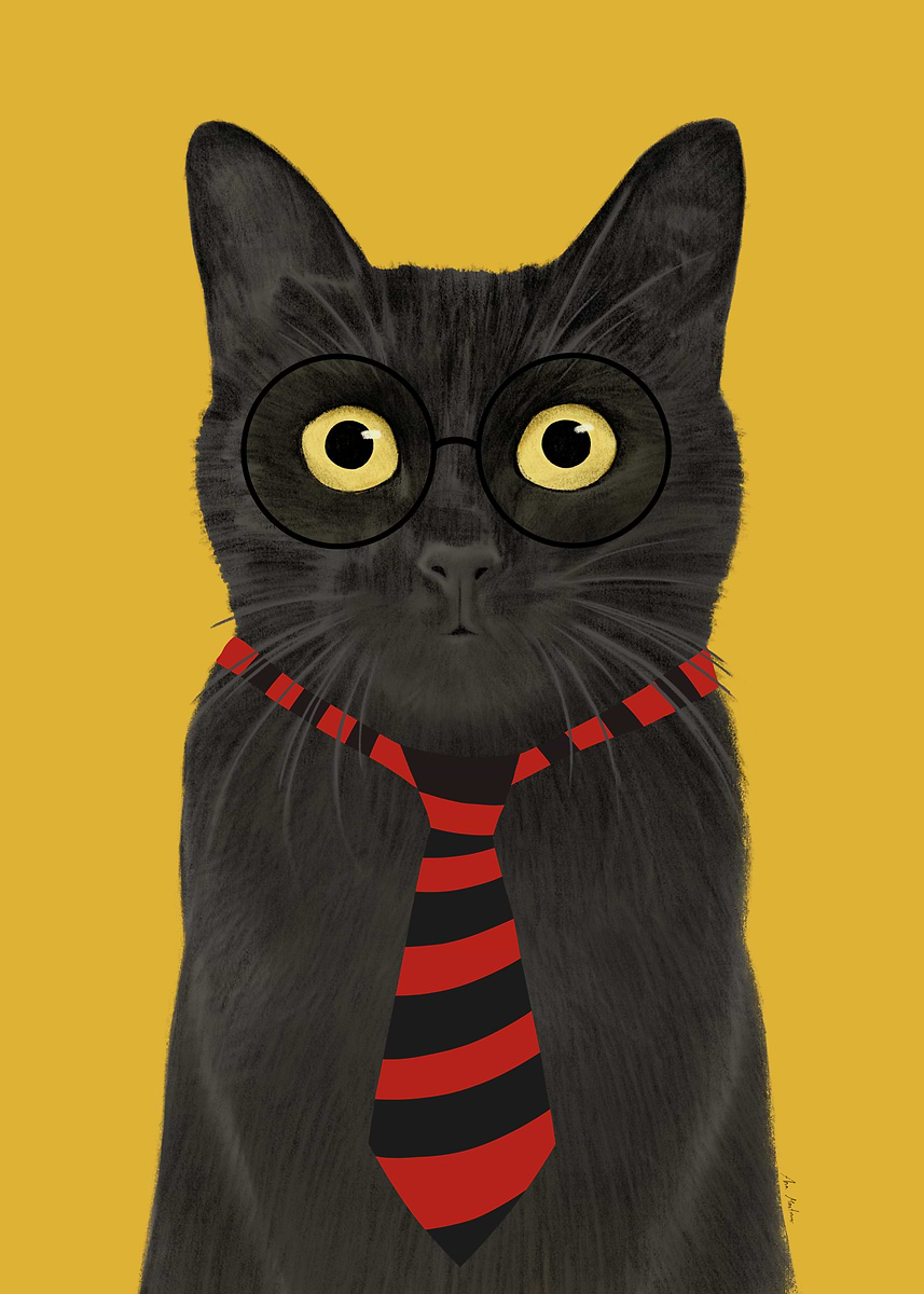 'Black Cat with Glasses and Tie' Poster, picture, metal print, paint by ...