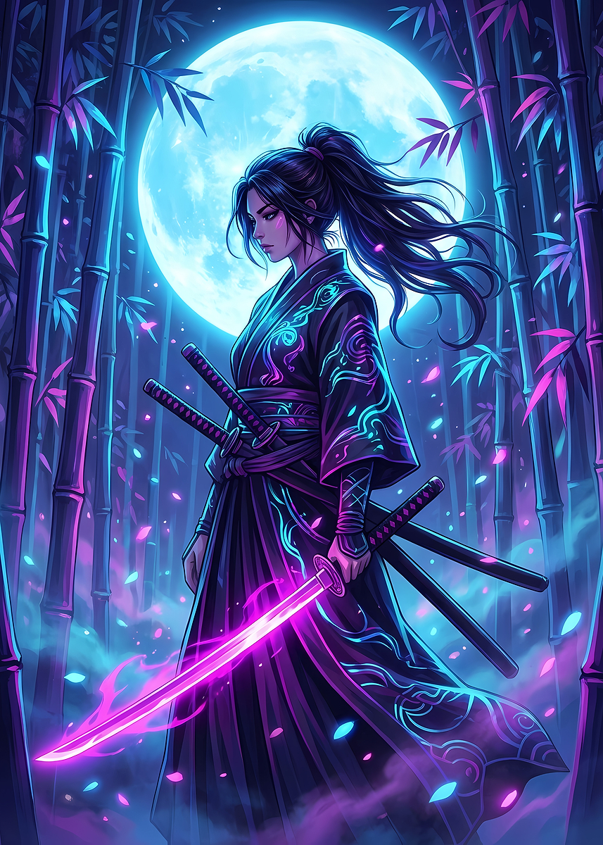 'Neon Samurai in Bamboo Forest' Poster, picture, metal print, paint by ...