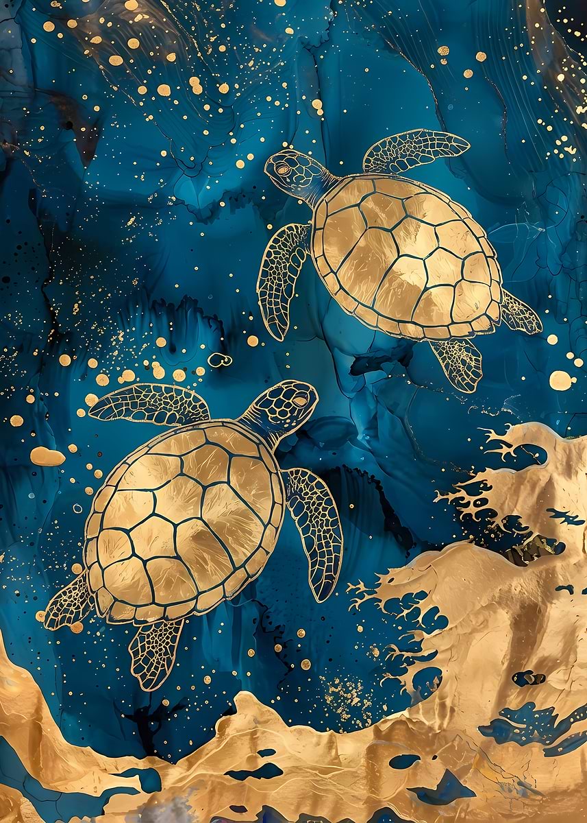 'Golden Turtles in Blue Abstract Ocean' Poster, picture, metal print ...