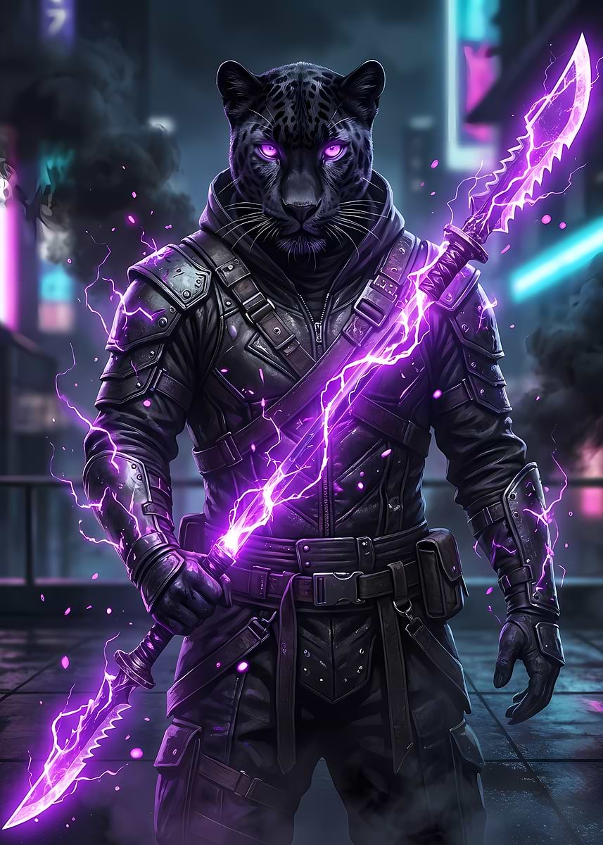 'Cyberpunk Panther Warrior with Electric Sword' Poster, picture, metal ...
