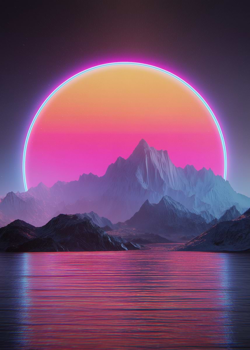 'Synthwave Mountain Lake' Poster, picture, metal print, paint by ...