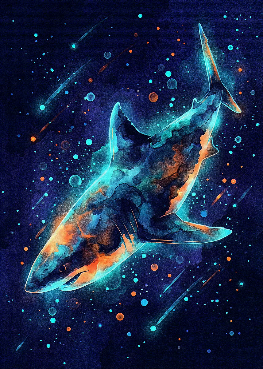 'Cosmic Shark Watercolor Art' Poster, picture, metal print, paint by ...