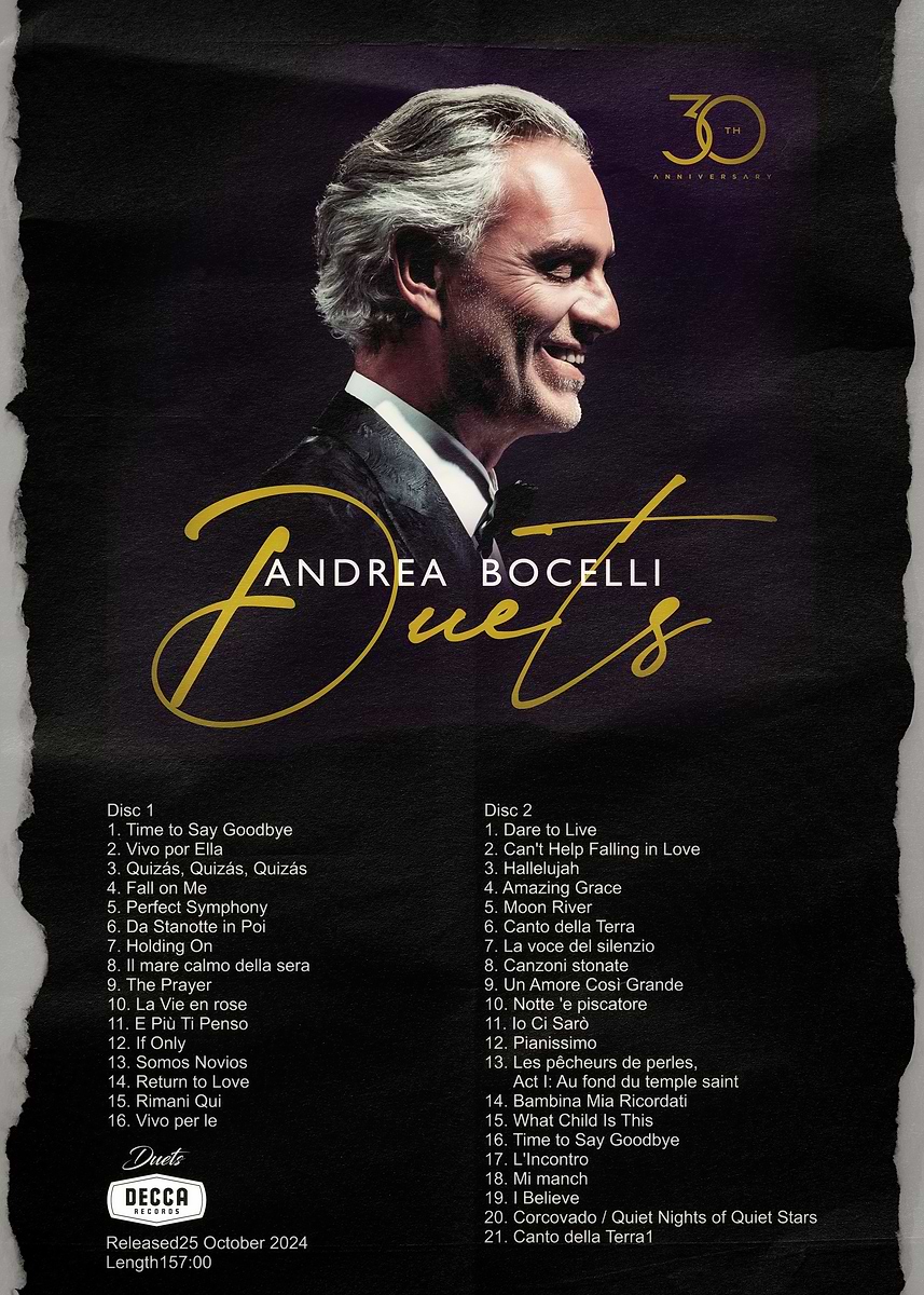 'Andrea Bocelli Duets Album Cover' Poster, picture, metal print, paint ...