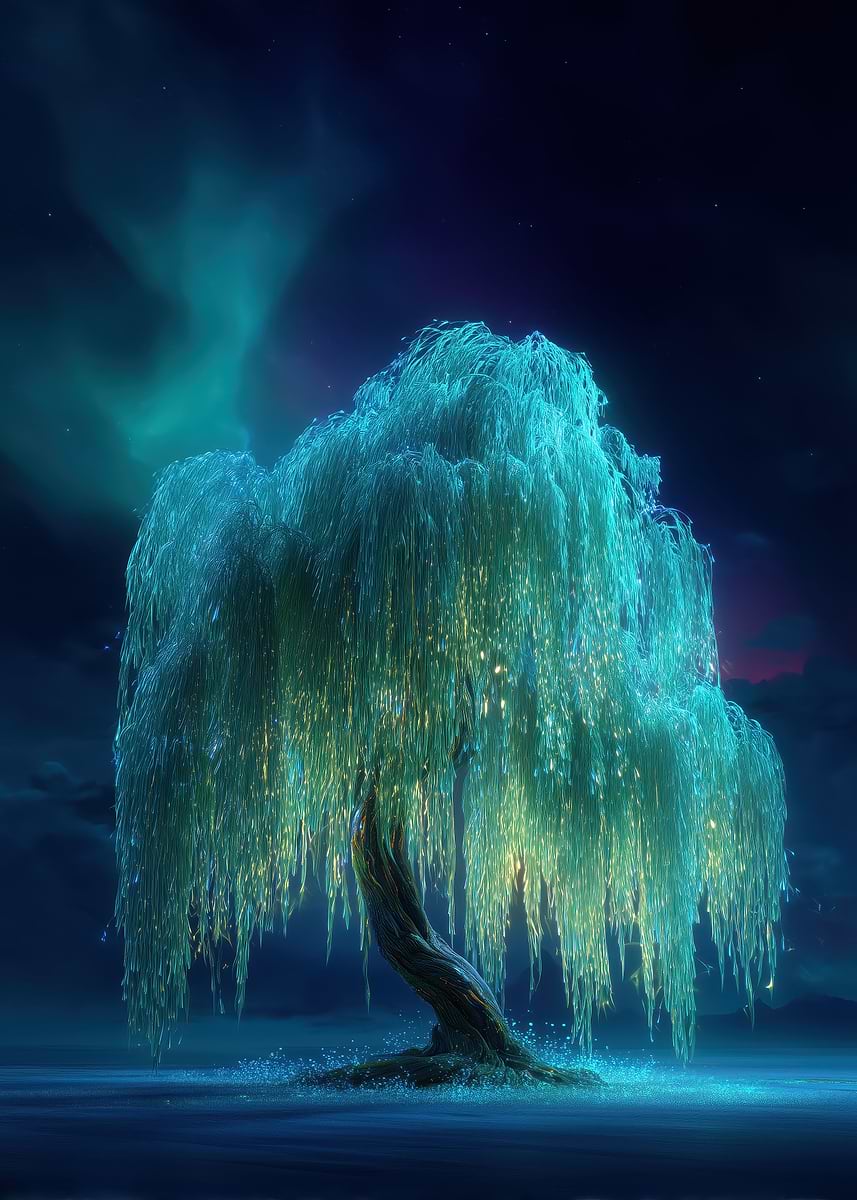 'Glowing Willow Tree at Night' Poster, picture, metal print, paint by ...