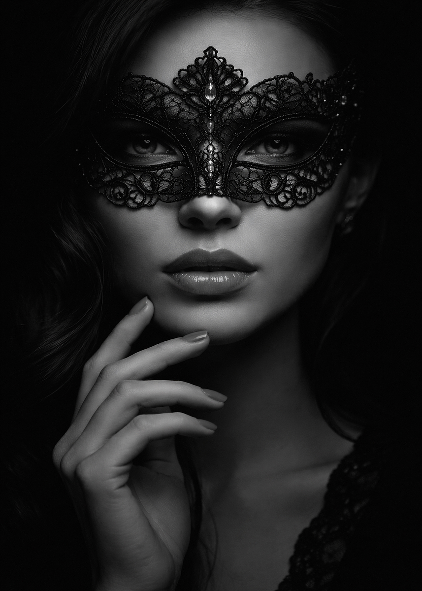 'Woman with Lace Mask in Black and White' Poster, picture, metal print ...